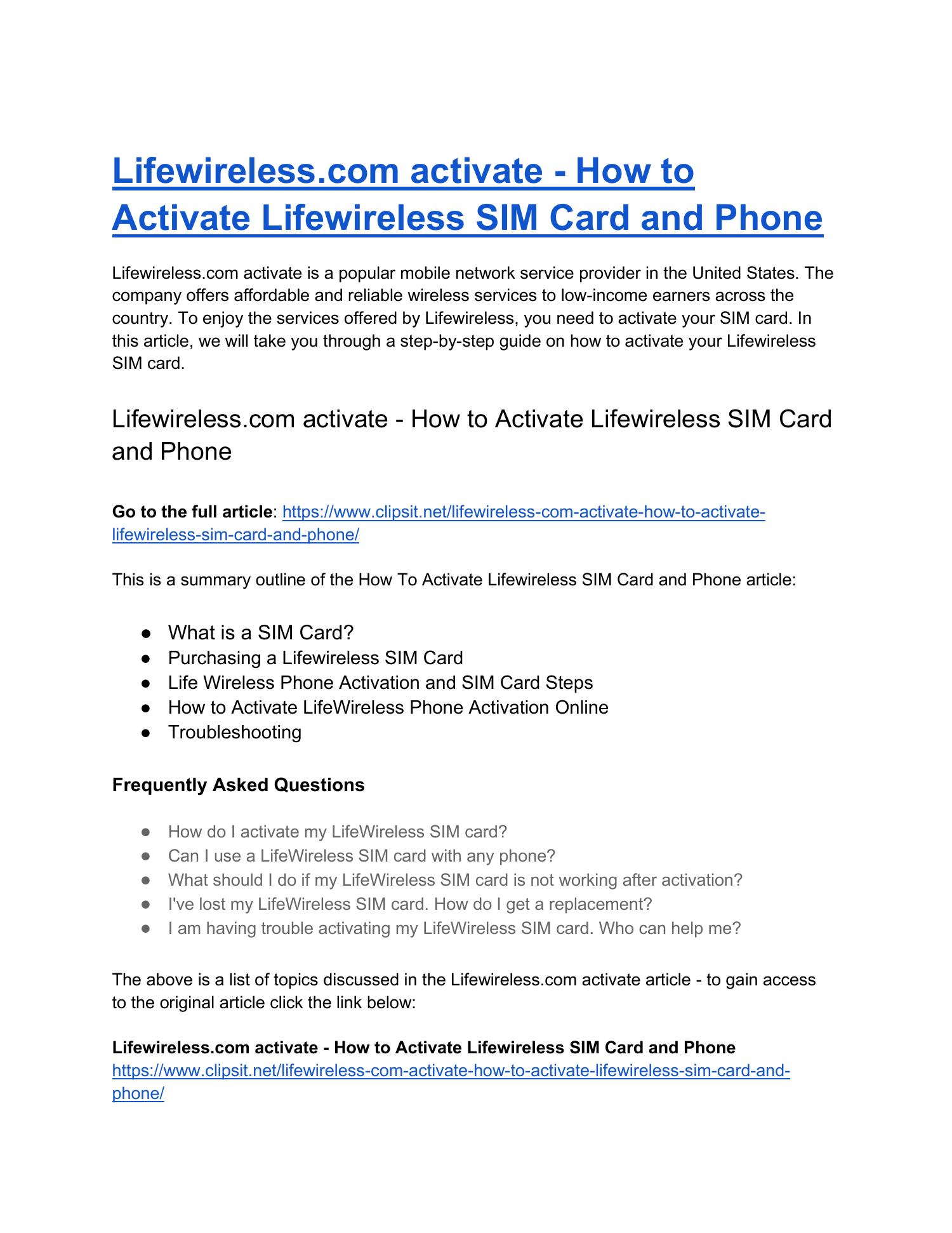 Lifewireless.com activate - How to Activate Lifewireless SIM Card and ...